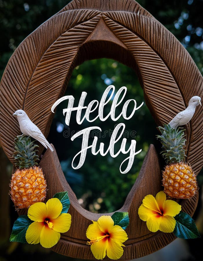 A Colorful Arrangement of Flowers with the Words "Hello July Stock ...