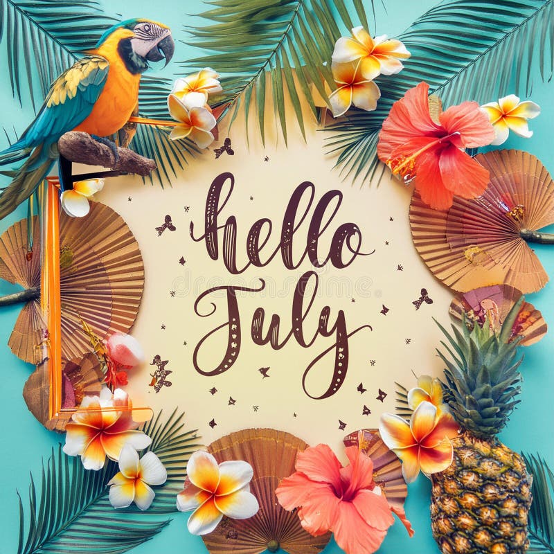 A Colorful Arrangement of Flowers with the Words "Hello July Stock ...