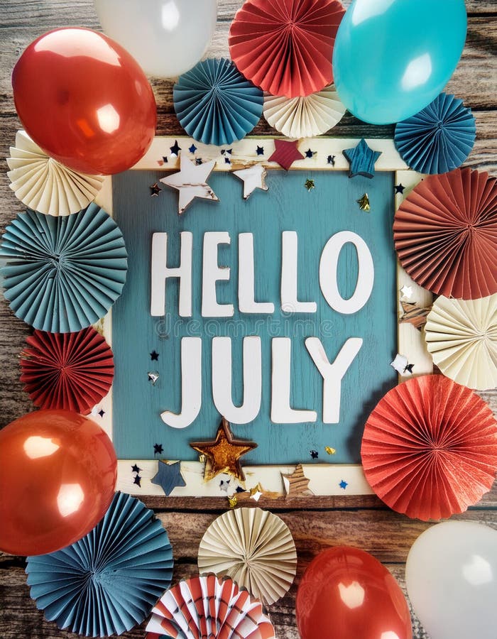 A Colorful Arrangement of Flowers with the Words "Hello July Stock ...