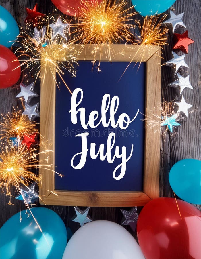 A Colorful Arrangement of Flowers with the Words "Hello July Stock ...