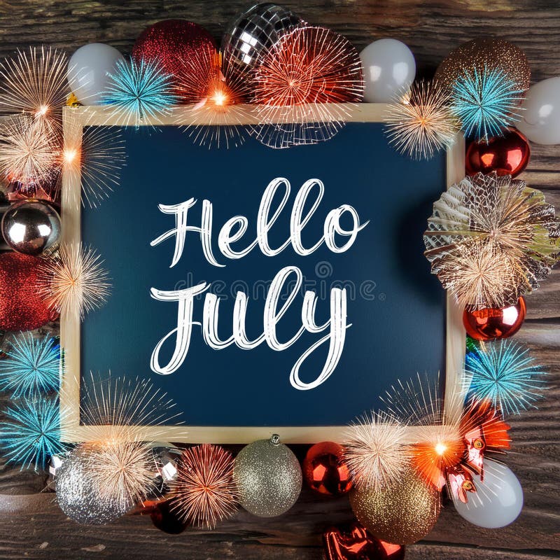 A Colorful Arrangement of Flowers with the Words "Hello July Stock ...