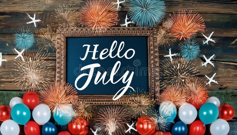 A Colorful Arrangement of Flowers with the Words "Hello July Stock ...