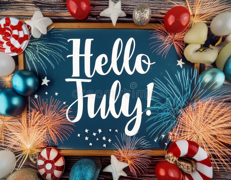 A Colorful Arrangement of Flowers with the Words "Hello July Stock ...