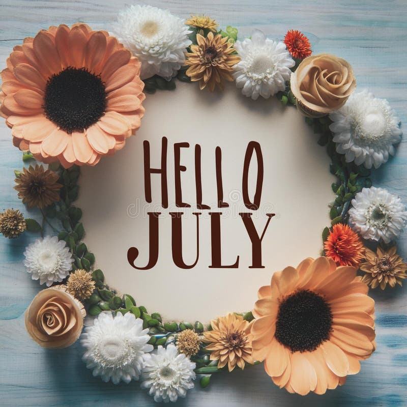 A Colorful Arrangement of Flowers with the Words "Hello July Stock ...