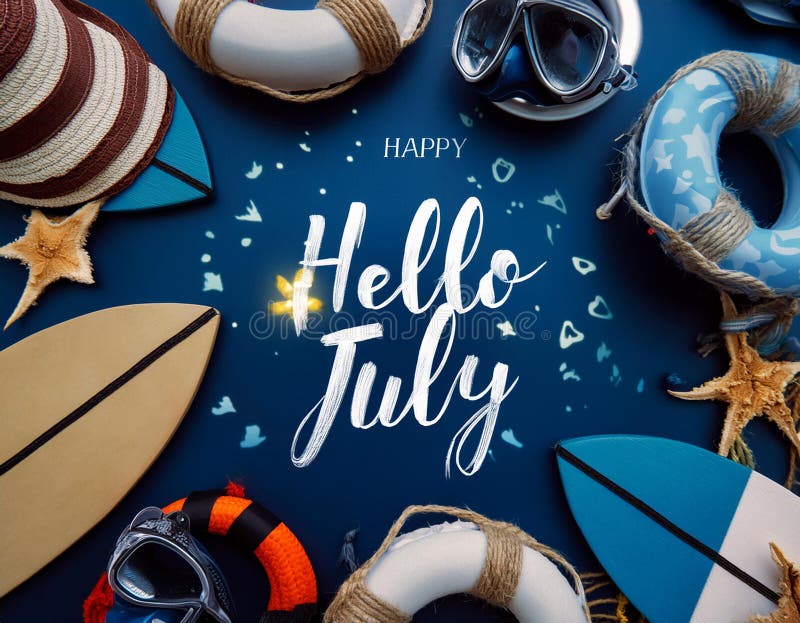 A Colorful Arrangement of Flowers with the Words "Hello July Stock ...