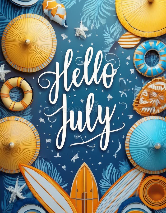 A Colorful Arrangement of Flowers with the Words "Hello July Stock ...