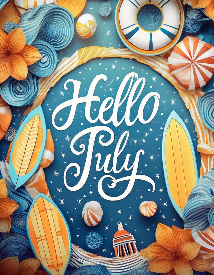 A Colorful Arrangement of Flowers with the Words "Hello July Stock ...