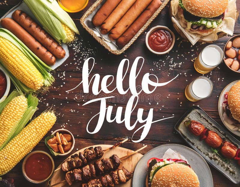 A Colorful Arrangement of Flowers with the Words "Hello July Stock ...