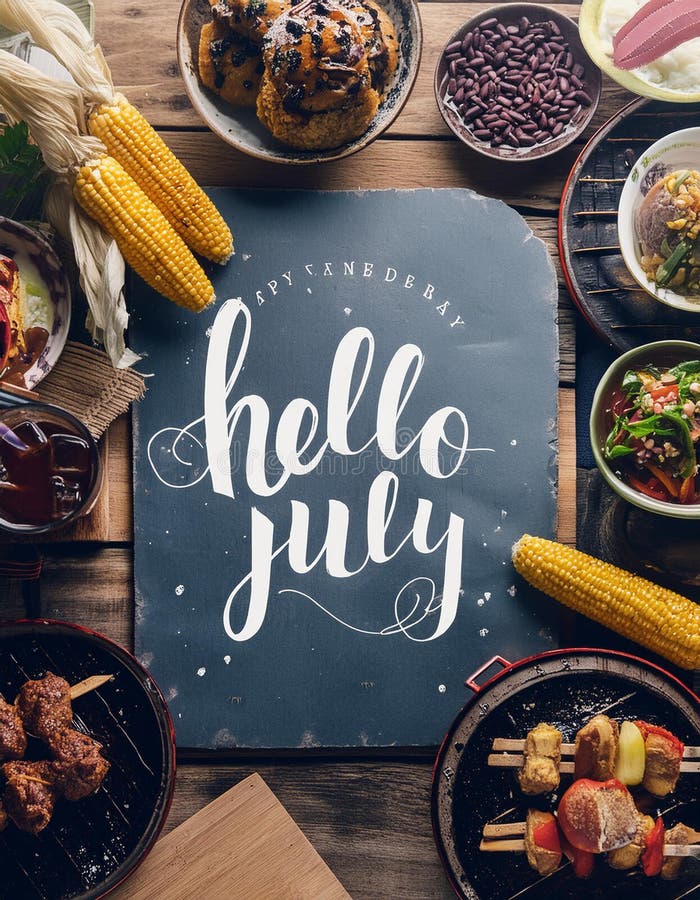 A Colorful Arrangement of Flowers with the Words "Hello July Stock ...
