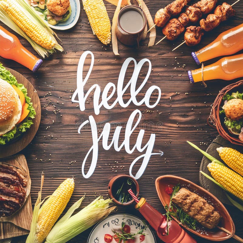 A Colorful Arrangement of Flowers with the Words "Hello July Stock ...