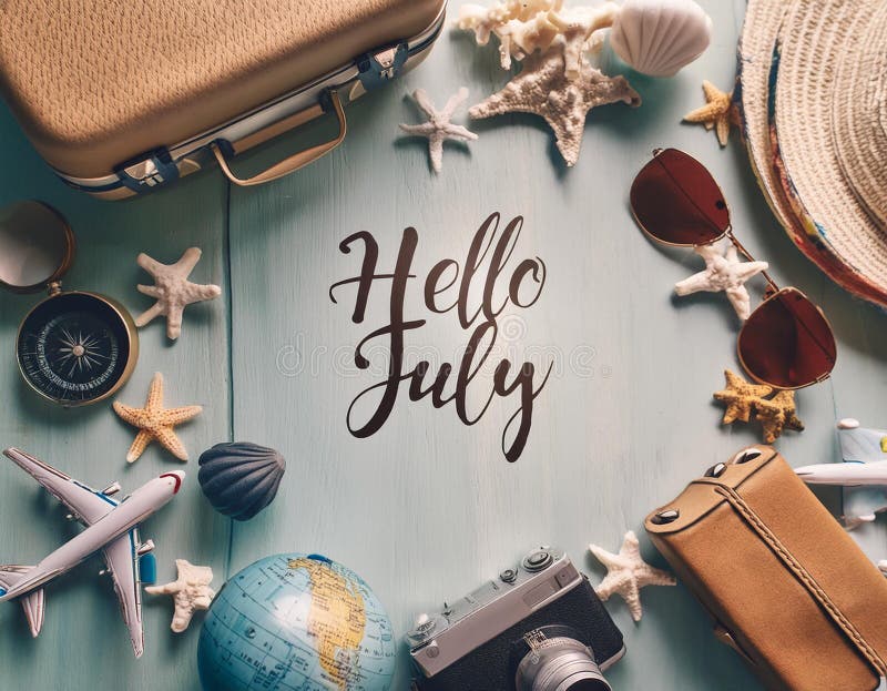 A Colorful Arrangement of Flowers with the Words "Hello July Stock ...