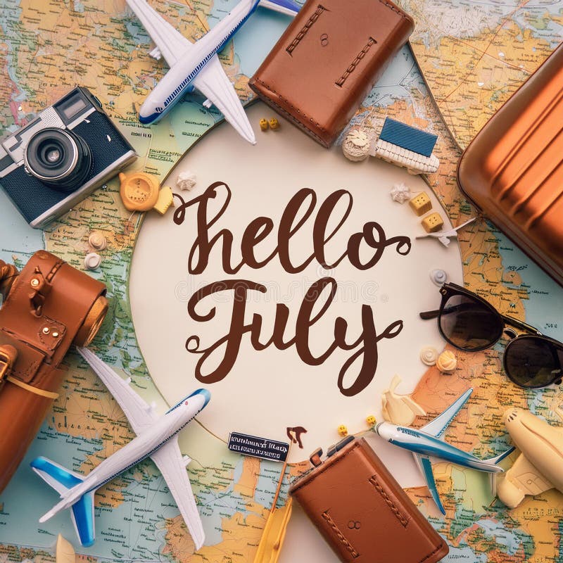 A Colorful Arrangement of Flowers with the Words "Hello July Stock ...