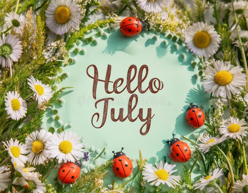 A Colorful Arrangement of Flowers with the Words "Hello July Stock ...