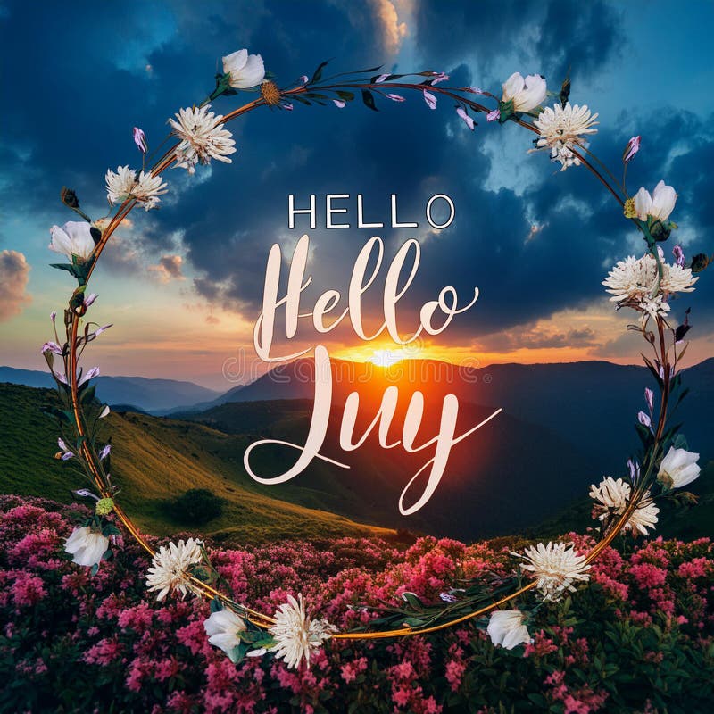 A Colorful Arrangement of Flowers with the Words "Hello July Stock ...