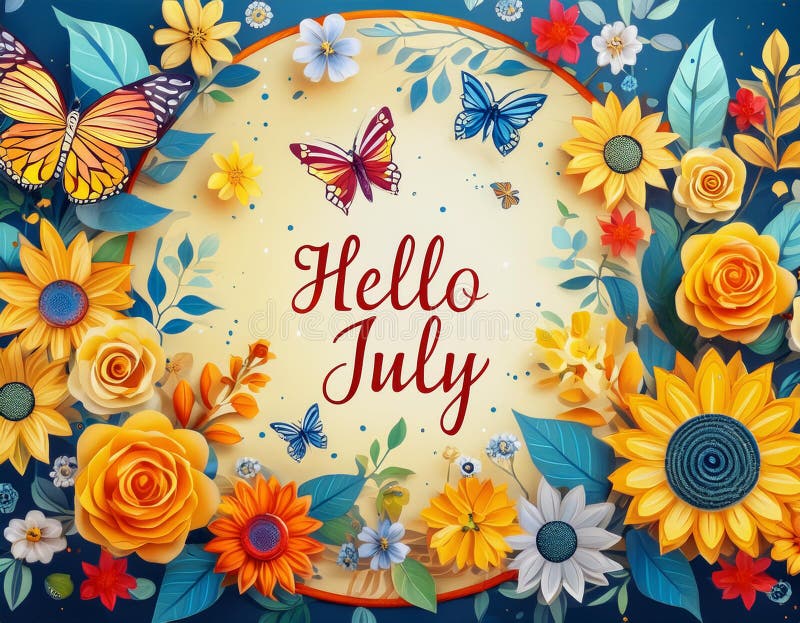 A Colorful Arrangement of Flowers with the Words "Hello July Stock ...