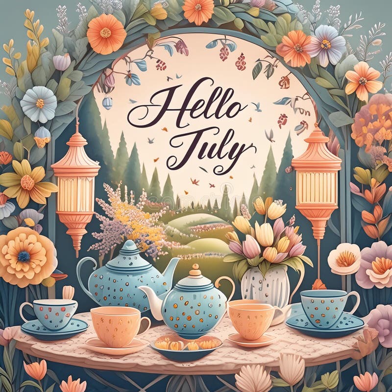 A Colorful Arrangement of Flowers with the Words "Hello July Stock ...
