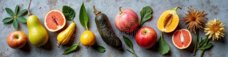 Colorful Arrangement of Fresh Fruits and Flowers on Rustic Surface ...