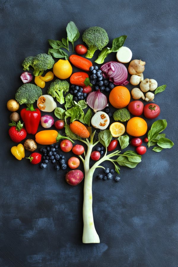 Colorful Arrangement of Fresh Fruits and Vegetables in Tree Shape Stock ...