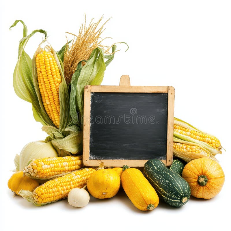 Freshly Picked Corn and Squash with Empty Sign on White Background ...