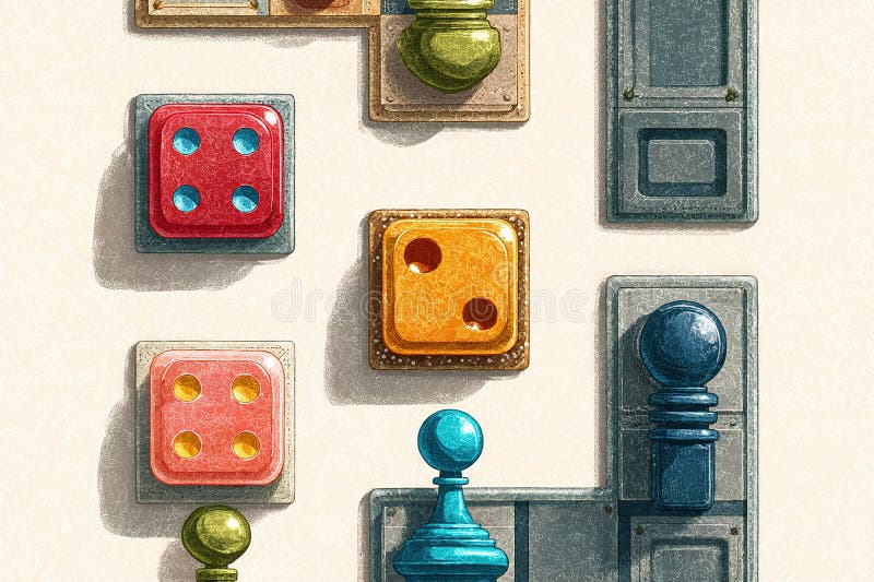 Colorful Arrangement of Game Pieces and Dice on a Textured Surface in a ...
