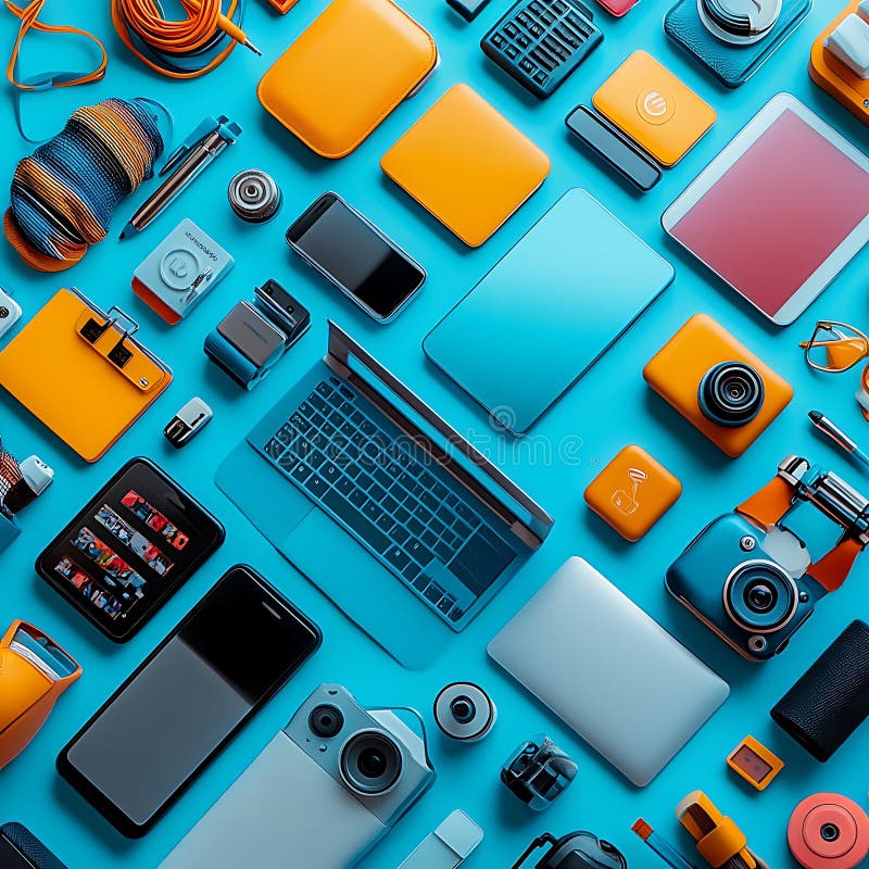 Colorful Arrangement of Modern Gadgets and Accessories on Blue Surface ...