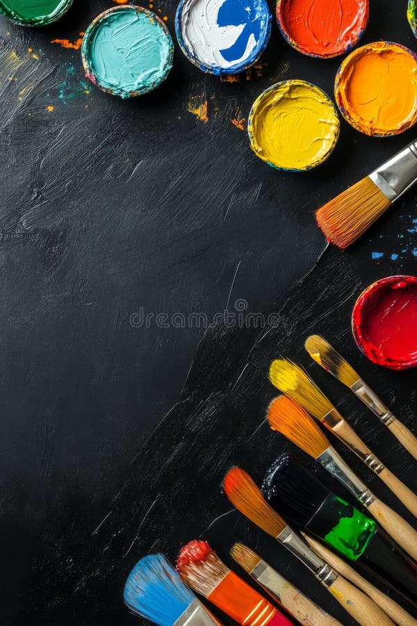 Colorful Arrangement of Paintbrushes and Paint Containers on a Black ...