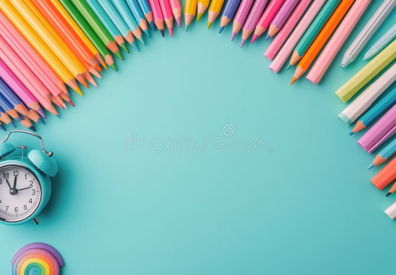 Colorful Arrangement of Pencils and Clock on a Turquoise Background for ...