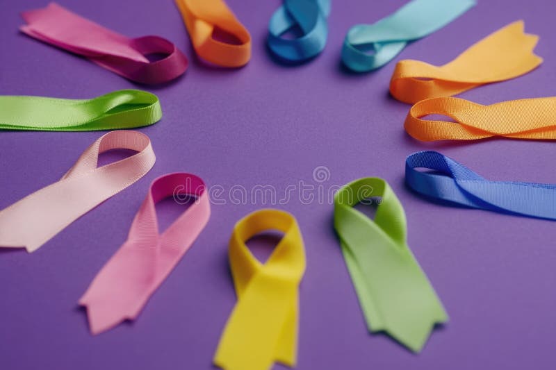 A Colorful Arrangement of Ribbons on a Deep Purple Background Stock ...
