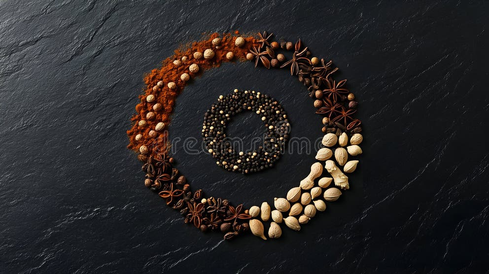Colorful Arrangement of Spices and Nuts Creating a Circular Pattern on ...