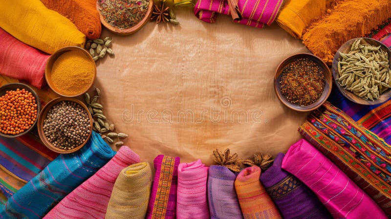 Colorful Arrangement of Spices and Vibrant Fabrics in a Circular Frame ...