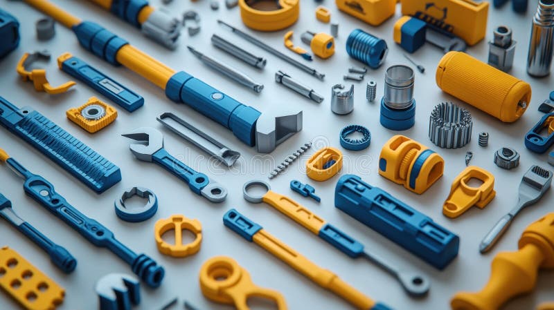 Colorful Arrangement of Tools and Hardware Components on a Workspace ...