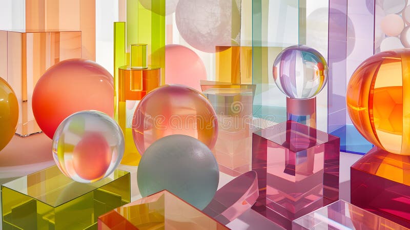 A Colorful Arrangement of Translucent Geometric Shapes and Spheres ...