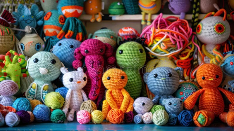 A Colorful Array of Amigurumi Creatures Displayed Alongside Their Yarn ...