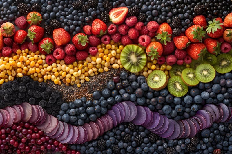 Colorful Array of Assorted Fruits Arranged in a Wavy Formation ...
