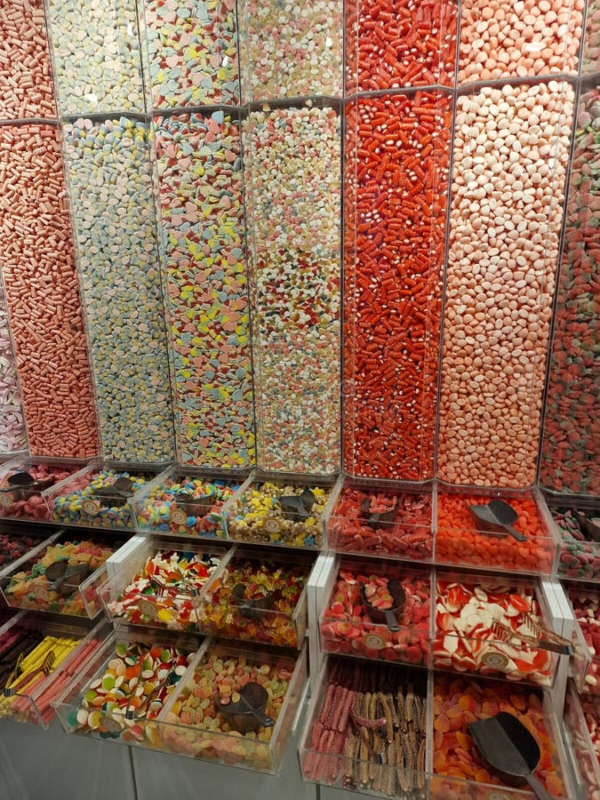 Colorful Array of Assorted Gummy Candies in Huge Glass Containers Stock ...
