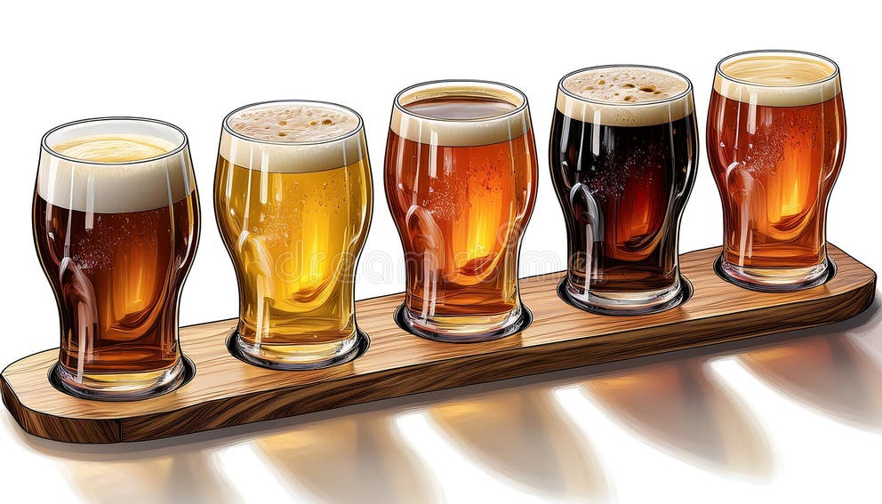 A Colorful Array of Beer Samples Displayed in Glasses on a Wooden ...