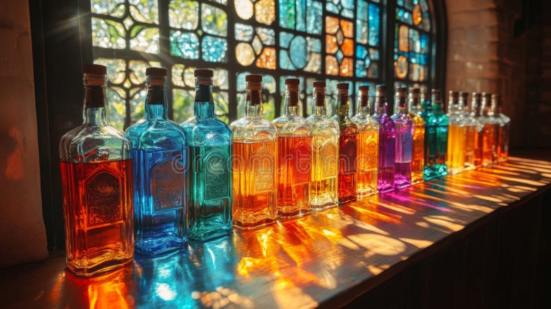 Colorful Array of Bottles Illuminated by Sunlight Next To Stained Glass ...