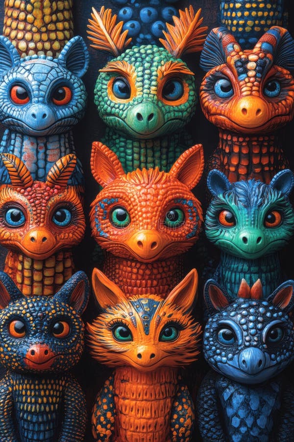 Colorful Array of Cartoon Dragons with Intricate Scales and Large Eyes ...