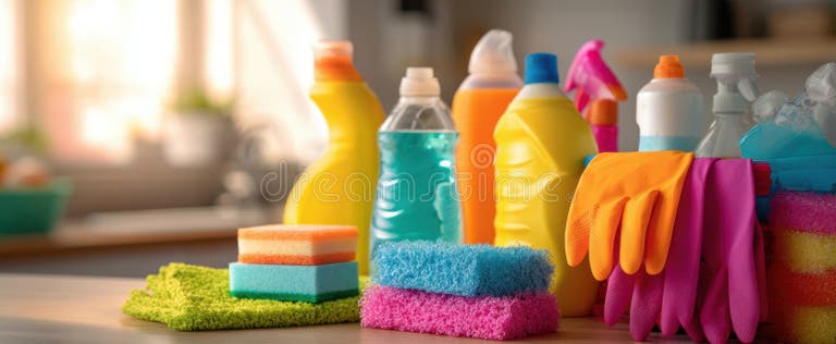 The Colorful Array of Cleaning Supplies for an Organized Kitchen Environment. AI Generated Image ...
