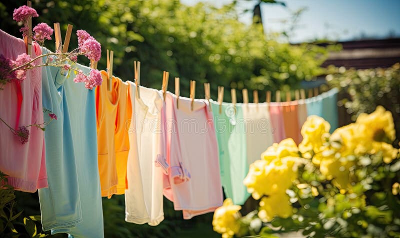 A Colorful Array of Clothes Hanging on a Breezy Clothesline Stock ...