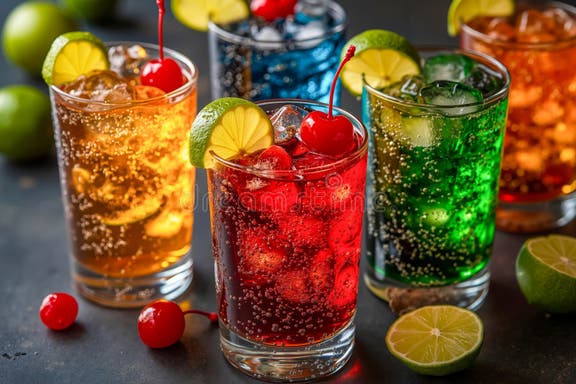 A Group of Different Colored Drinks with Cherries and Limes on a Table ...