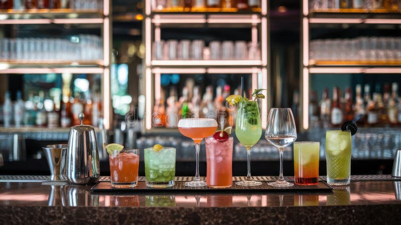 Colorful Array of Cocktails Lined Up on a Bar, Showcasing Vibrant ...