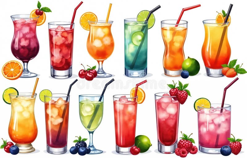 Colorful Array of Cocktails. Watercolor Hand Drawn Illustrations ...