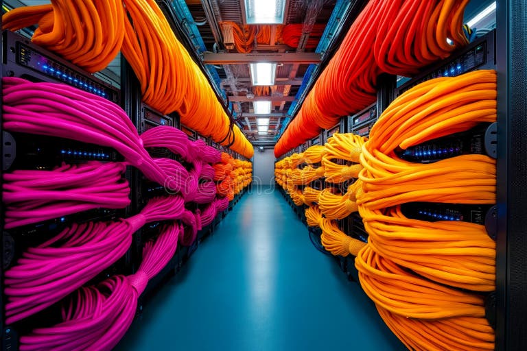 A Row of Servers in a Server Room Filled with Colorful Cables Stock ...