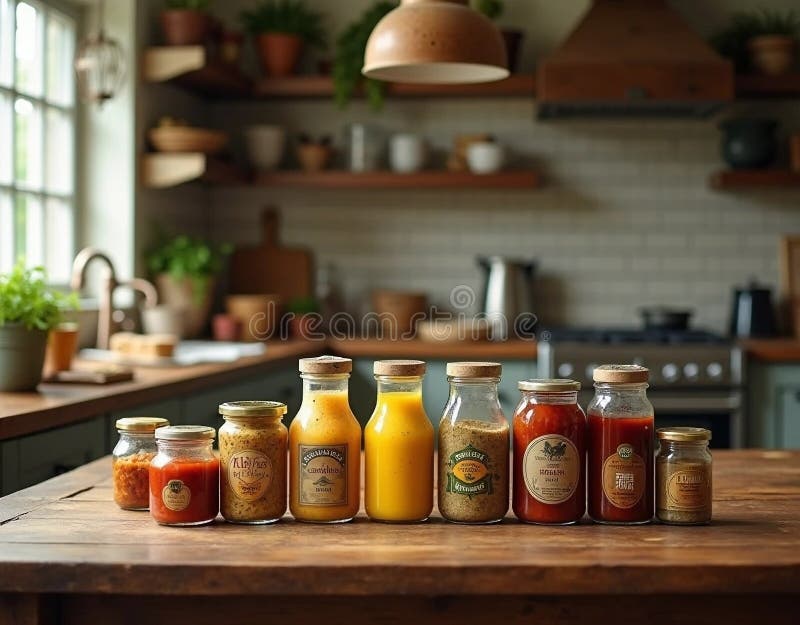 A Colorful Array of Condiment Bottles on the Kitchen Table this Vibrant ...