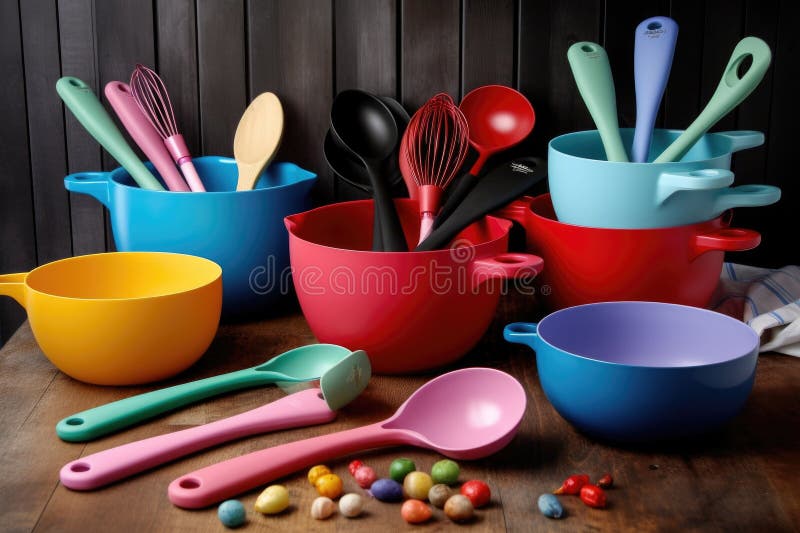 A Colorful Array of Cooking Utensils, Including Mixing Bowls and ...
