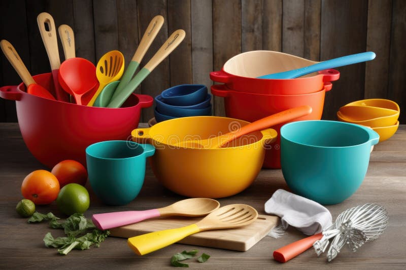 A Colorful Array of Cooking Utensils, Including Mixing Bowls and ...