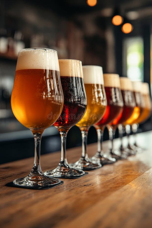 A Colorful Array of Craft Beers Displayed on a Rustic Wooden Bar in a ...
