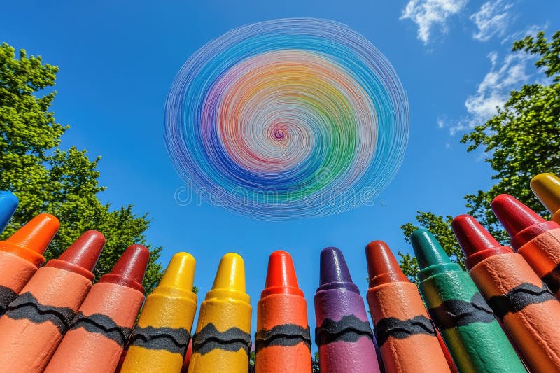 Colorful Crayons and Rainbow Spiral in the Sky Stock Illustration ...