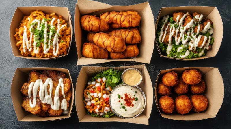 Colorful Array of Delicious Food Items in Beautifully Arranged Boxes on ...
